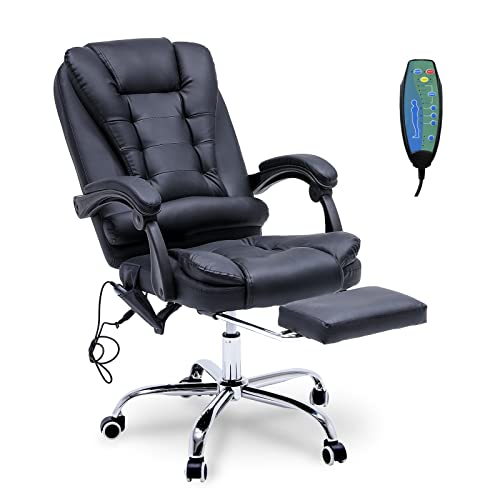 ONPNO Reclining Office Chair with Massage, Ergonomic w/Foot Rest, PU Leather Executive Computer w/Heated, Padded Armrest, High Back Swivel Recliner for Home Study (Black)