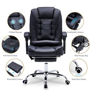 ONPNO Reclining Office Chair with Massage, Ergonomic w/Foot Rest, PU Leather Executive Computer w/Heated, Padded Armrest, High Back Swivel Recliner for Home Study (Black)