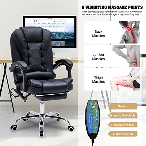 ONPNO Reclining Office Chair with Massage, Ergonomic w/Foot Rest, PU Leather Executive Computer w/Heated, Padded Armrest, High Back Swivel Recliner for Home Study (Black)