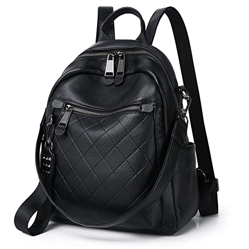 Wesccimo Genuine Leather Backpack Purse For Women Black Quilted Real Soft Leather Convertible Shoulder Bag