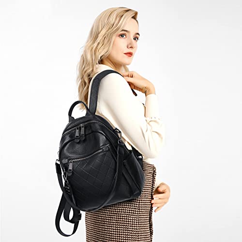 Wesccimo Genuine Leather Backpack Purse For Women Black Quilted Real Soft Leather Convertible Shoulder Bag