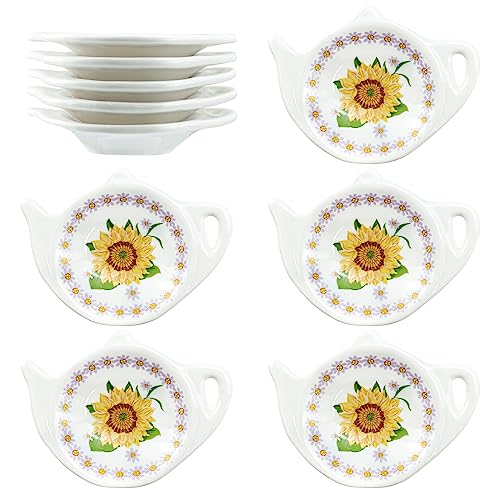 Bicuzat Floral Tea Bag Holder Tea Porcelain Accessories Teapot Shaped Tea Bag Coaster Resting Caddy Saucer 4 Inch/10cm-Sunflower and Daisy Pattern-Set of 10