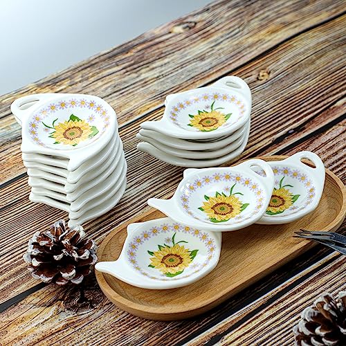 Bicuzat Floral Tea Bag Holder Tea Porcelain Accessories Teapot Shaped Tea Bag Coaster Resting Caddy Saucer 4 Inch/10cm-Sunflower and Daisy Pattern-Set of 10