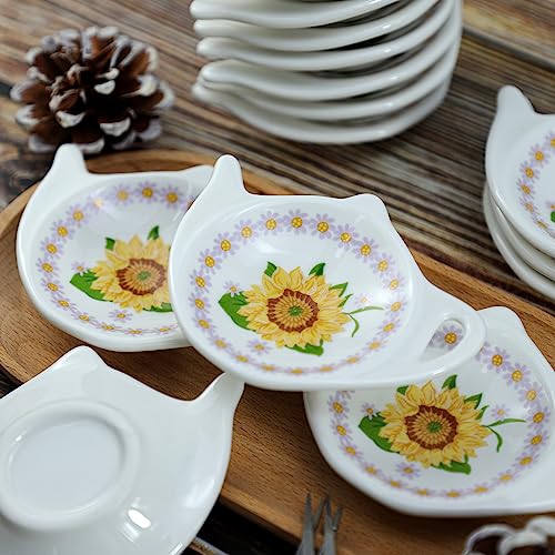 Bicuzat Floral Tea Bag Holder Tea Porcelain Accessories Teapot Shaped Tea Bag Coaster Resting Caddy Saucer 4 Inch/10cm-Sunflower and Daisy Pattern-Set of 10