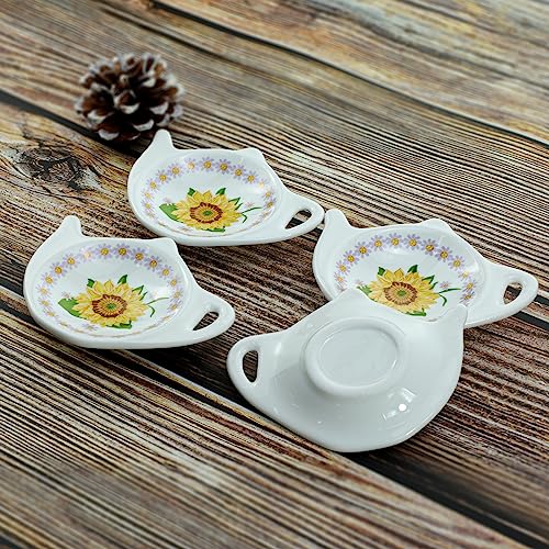 Bicuzat Floral Tea Bag Holder Tea Porcelain Accessories Teapot Shaped Tea Bag Coaster Resting Caddy Saucer 4 Inch/10cm-Sunflower and Daisy Pattern-Set of 10