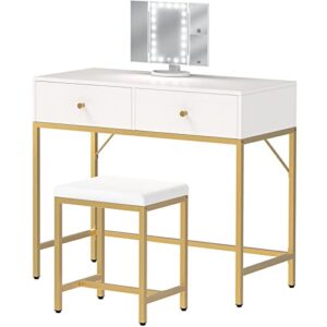 superjare vanity desk, makeup vanity with stool & tri-fold lighted mirror, vanity table set with 2 large drawers - white and gold