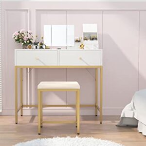 SUPERJARE Vanity Desk, Makeup Vanity with Stool & Tri-fold Lighted Mirror, Vanity Table Set with 2 Large Drawers - White and Gold