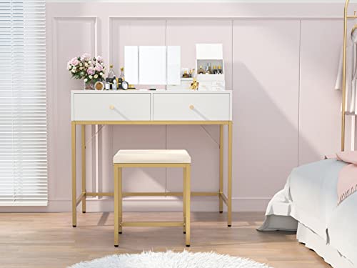 SUPERJARE Vanity Desk, Makeup Vanity with Stool & Tri-fold Lighted Mirror, Vanity Table Set with 2 Large Drawers - White and Gold