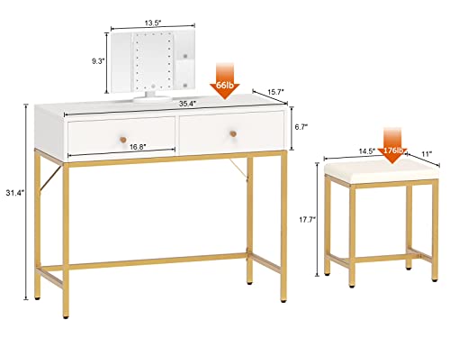 SUPERJARE Vanity Desk, Makeup Vanity with Stool & Tri-fold Lighted Mirror, Vanity Table Set with 2 Large Drawers - White and Gold