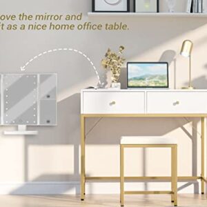 SUPERJARE Vanity Desk, Makeup Vanity with Stool & Tri-fold Lighted Mirror, Vanity Table Set with 2 Large Drawers - White and Gold