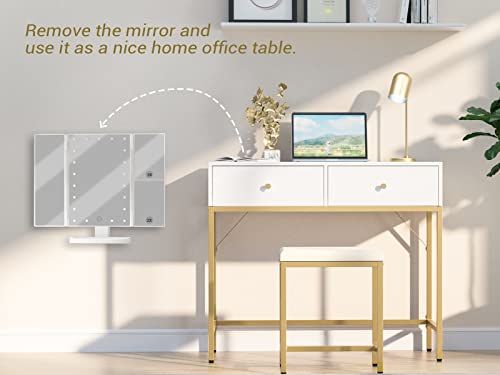 SUPERJARE Vanity Desk, Makeup Vanity with Stool & Tri-fold Lighted Mirror, Vanity Table Set with 2 Large Drawers - White and Gold