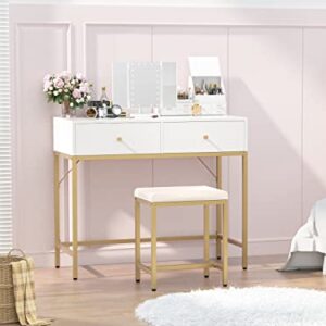 SUPERJARE Vanity Desk, Makeup Vanity with Stool & Tri-fold Lighted Mirror, Vanity Table Set with 2 Large Drawers - White and Gold