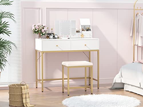 SUPERJARE Vanity Desk, Makeup Vanity with Stool & Tri-fold Lighted Mirror, Vanity Table Set with 2 Large Drawers - White and Gold