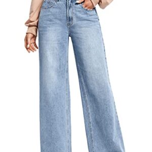 SweatyRocks Women's Casual High Waisted Distressed Ripped Jeans Wide Leg Denim Pants Light Blue S