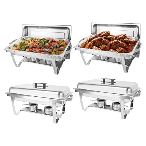 IMACONE 4 Pack Chafing Dish Buffet Set, 8QT Stainless Steel Rectangular Chafers and Buffet Warmer Sets for Catering, with Food & Water Pan, Lid, Foldable Frame, Fuel Holder for Event Party Holiday