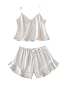 soly hux women's sexy silk satin ruffled pajamas sets cami shorts sets sleepwear solid white m