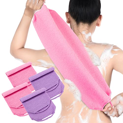 Exfoliating Back Scrubber with Handles 4 Packs Nylon Back Exfoliator Extended Length Back Washers Scrubbers Stretchable Pull Strap Exfoliating Washcloth (Purple, Pink)