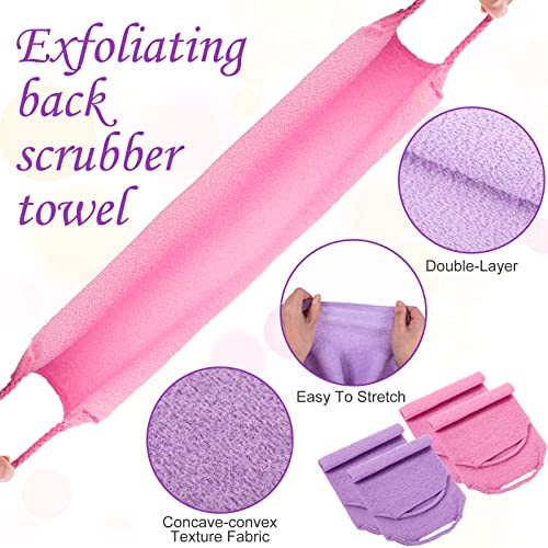 Exfoliating Back Scrubber with Handles 4 Packs Nylon Back Exfoliator Extended Length Back Washers Scrubbers Stretchable Pull Strap Exfoliating Washcloth (Purple, Pink)