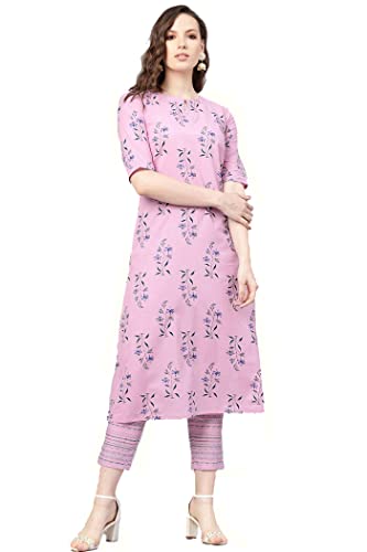 Chandrakala Women's Cotton Printed Kurti Pant Set Elbow Sleeve Straight Kurti Kurta,XX-Large,Pink (K220PIN5)