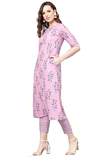 Chandrakala Women's Cotton Printed Kurti Pant Set Elbow Sleeve Straight Kurti Kurta,XX-Large,Pink (K220PIN5)