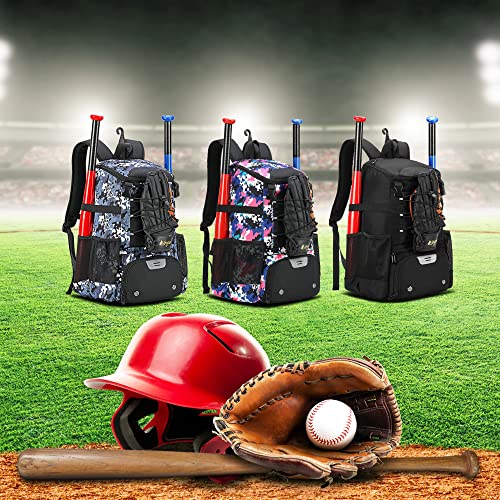 AI EN JIU Softball Bag, Baseball Bat Bag with Shoe Compartment for Youth Girls Adult, Lightweight , Backpack with Fence Hook for TBall Bat, Helmet(BlackCamouflage)