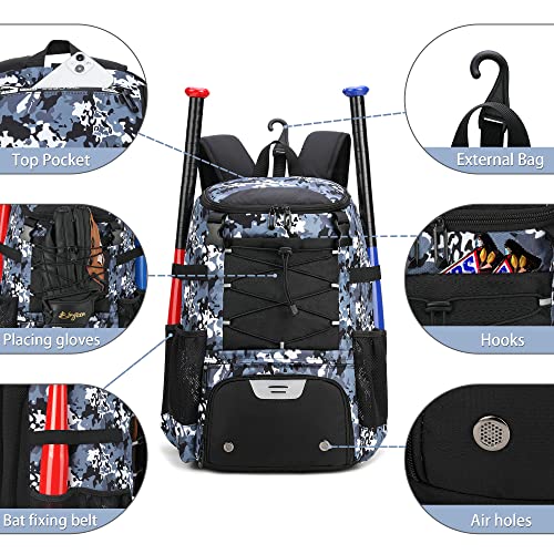 AI EN JIU Softball Bag, Baseball Bat Bag with Shoe Compartment for Youth Girls Adult, Lightweight , Backpack with Fence Hook for TBall Bat, Helmet(BlackCamouflage)