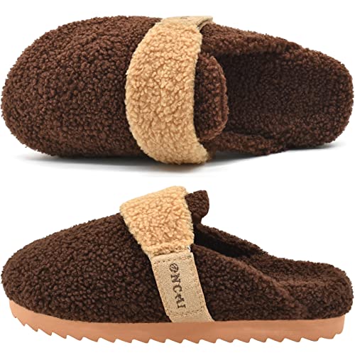 ONCAI Womens Fluffy Slippers,Cute Sherpa Faux Fur Scuff Garden Slip on House Slippers with Polar Fleece Lining Memory Foam Footbed and Indoor/Outdoor Rubber Hard Soles Brown US Size 9