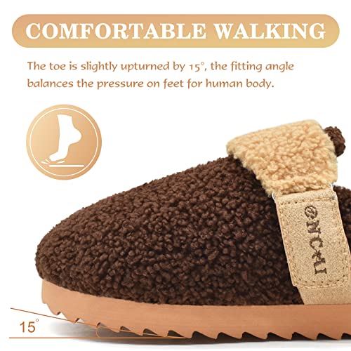 ONCAI Womens Fluffy Slippers,Cute Sherpa Faux Fur Scuff Garden Slip on House Slippers with Polar Fleece Lining Memory Foam Footbed and Indoor/Outdoor Rubber Hard Soles Brown US Size 9