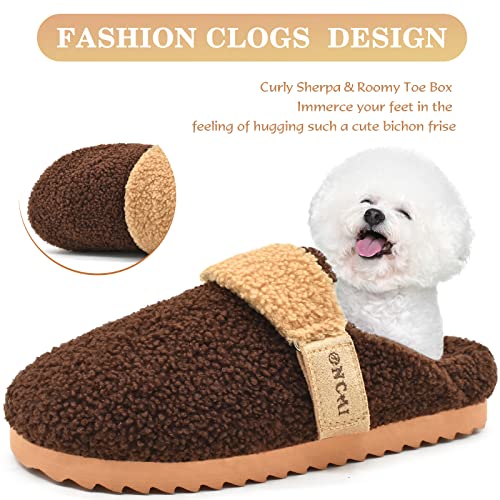 ONCAI Womens Fluffy Slippers,Cute Sherpa Faux Fur Scuff Garden Slip on House Slippers with Polar Fleece Lining Memory Foam Footbed and Indoor/Outdoor Rubber Hard Soles Brown US Size 9