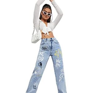 Floerns Women's Pattern Printed High Waist Wide Leg Straight Denim Jeans Pants Blue M