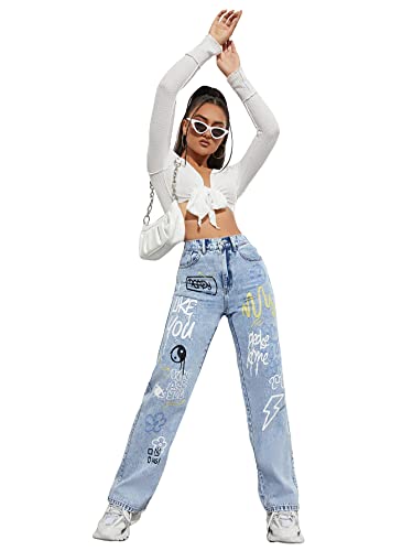 Floerns Women's Pattern Printed High Waist Wide Leg Straight Denim Jeans Pants Blue M