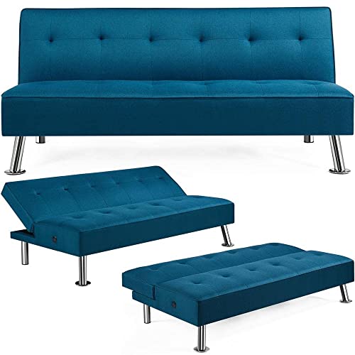 Yaheetech Modern Convertible Futon Sofa Bed w/ 2 Integrated USB Charging Ports Fabric Loveseat Couch Metal Legs, 3 Angles Adjustable Back for Compact Living Space, Apartment, Dorm, Bonus Room Blue