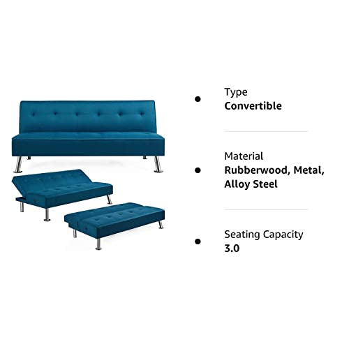 Yaheetech Modern Convertible Futon Sofa Bed w/ 2 Integrated USB Charging Ports Fabric Loveseat Couch Metal Legs, 3 Angles Adjustable Back for Compact Living Space, Apartment, Dorm, Bonus Room Blue