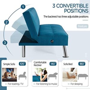 Yaheetech Modern Convertible Futon Sofa Bed w/ 2 Integrated USB Charging Ports Fabric Loveseat Couch Metal Legs, 3 Angles Adjustable Back for Compact Living Space, Apartment, Dorm, Bonus Room Blue