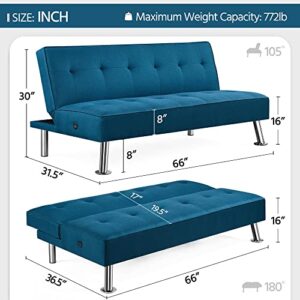 Yaheetech Modern Convertible Futon Sofa Bed w/ 2 Integrated USB Charging Ports Fabric Loveseat Couch Metal Legs, 3 Angles Adjustable Back for Compact Living Space, Apartment, Dorm, Bonus Room Blue