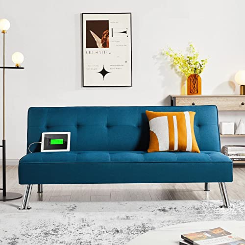 Yaheetech Modern Convertible Futon Sofa Bed w/ 2 Integrated USB Charging Ports Fabric Loveseat Couch Metal Legs, 3 Angles Adjustable Back for Compact Living Space, Apartment, Dorm, Bonus Room Blue