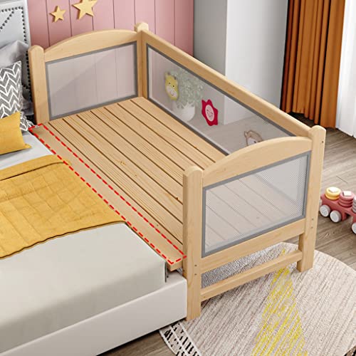 Solid Wood Widen Bed, Heighten Mesh Fabric Guardrail Children's Stitching Bed, Wooden Bed Frame, Bedroom Furniture, with 5cm Mattress (Size : 180x60x40cm)