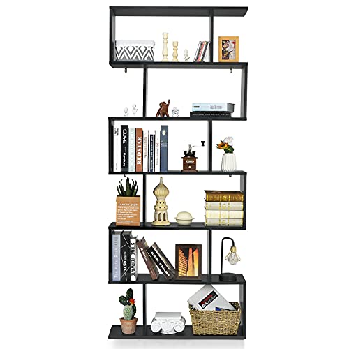 Augester 6-Tier Bookshelf, Wood S-Shaped Bookcase with Anti-toppling Device, Freestanding Display Shelf for Living Room, Bedroom, Office (Black)