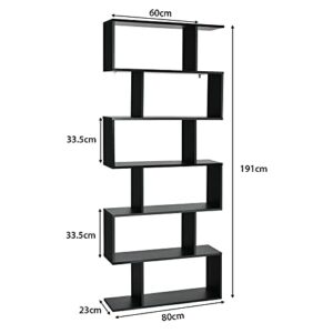 Augester 6-Tier Bookshelf, Wood S-Shaped Bookcase with Anti-toppling Device, Freestanding Display Shelf for Living Room, Bedroom, Office (Black)