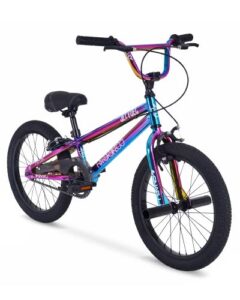 hyper bmx bike 18 inch. bmx bike for kids age 7-13 yrs old, single speed, front and rear caliper brakes, steel bmx frame. 360 handlebar rotation. bike park ready bmx bicycle. jet fuel finish