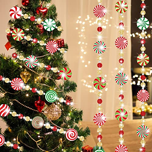 16.5ft Christmas Candy Cane Garlands Xmas Peppermint Garland Ornaments for Christmas Tree Glitter Holiday Tree Garland for Christmas Tree Wreaths Home Fireplace Decorations (Round)