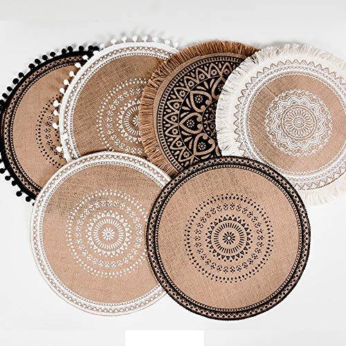 Round Jute Woven Placemat, Farmhouse Non-Slip Table Mats with Tassel for Kitchen Dining Table Decor Photo Props, 15 Inch(4)