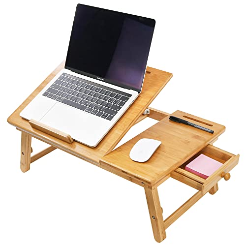 Diosbles Lap Desk, Bamboo Laptop Desk for Bed and Sofa, Height Adjustable Bed Desk, Foldable Breakfast Serving Bed Tray, Laptop Tray with Drawer