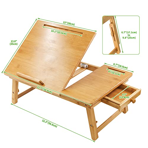 Diosbles Lap Desk, Bamboo Laptop Desk for Bed and Sofa, Height Adjustable Bed Desk, Foldable Breakfast Serving Bed Tray, Laptop Tray with Drawer