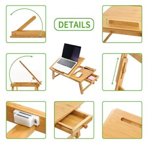 Diosbles Lap Desk, Bamboo Laptop Desk for Bed and Sofa, Height Adjustable Bed Desk, Foldable Breakfast Serving Bed Tray, Laptop Tray with Drawer