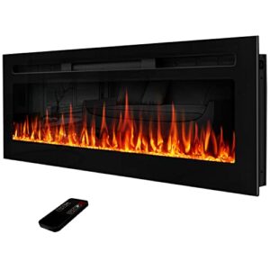 upesitom 50" electric fireplace recessed & wall mounted fireplace heater, wall fireplace inserts, mirrored led linear fireplace with remote control, timer, adjustable flame color, 750/1500w, black