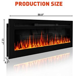 Upesitom 50" Electric Fireplace Recessed & Wall Mounted Fireplace Heater, Wall Fireplace Inserts, Mirrored Led Linear Fireplace with Remote Control, Timer, Adjustable Flame Color, 750/1500W, Black