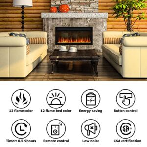 Upesitom 50" Electric Fireplace Recessed & Wall Mounted Fireplace Heater, Wall Fireplace Inserts, Mirrored Led Linear Fireplace with Remote Control, Timer, Adjustable Flame Color, 750/1500W, Black