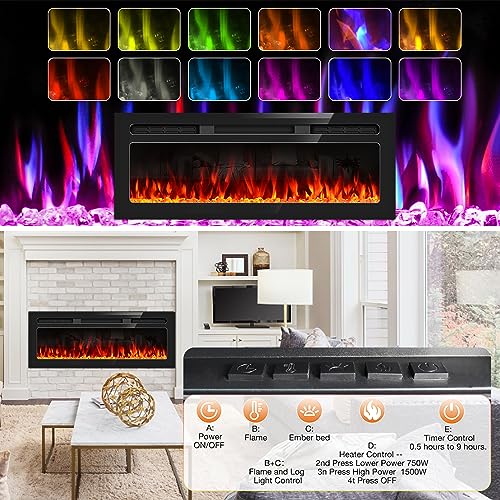 Upesitom 50" Electric Fireplace Recessed & Wall Mounted Fireplace Heater, Wall Fireplace Inserts, Mirrored Led Linear Fireplace with Remote Control, Timer, Adjustable Flame Color, 750/1500W, Black