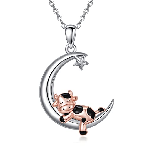 URONE Cow Necklace Sterling Silver Cow Moon Pendant Cute Cow Animal Jewelry Gifts for Women Girls